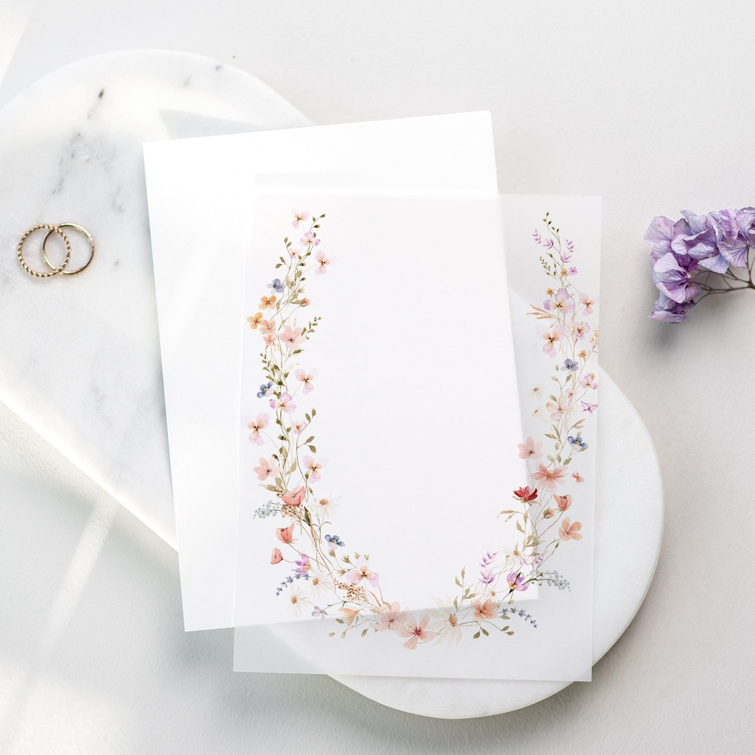 Floral Vellum Overlay for Wedding Invitation, Modern Flower Wreath ...