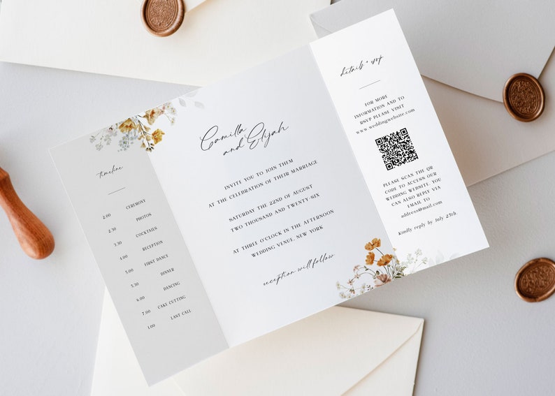 Floral Gatefold Wedding Invitation Template With QR Code - Etsy