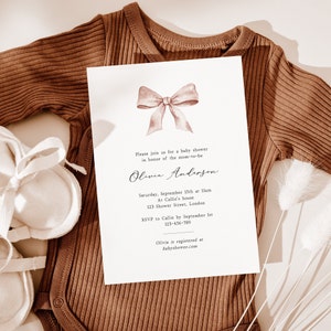 Printable Baby Shower Invitation Template With Beige Bow, Elegant Baby ...
