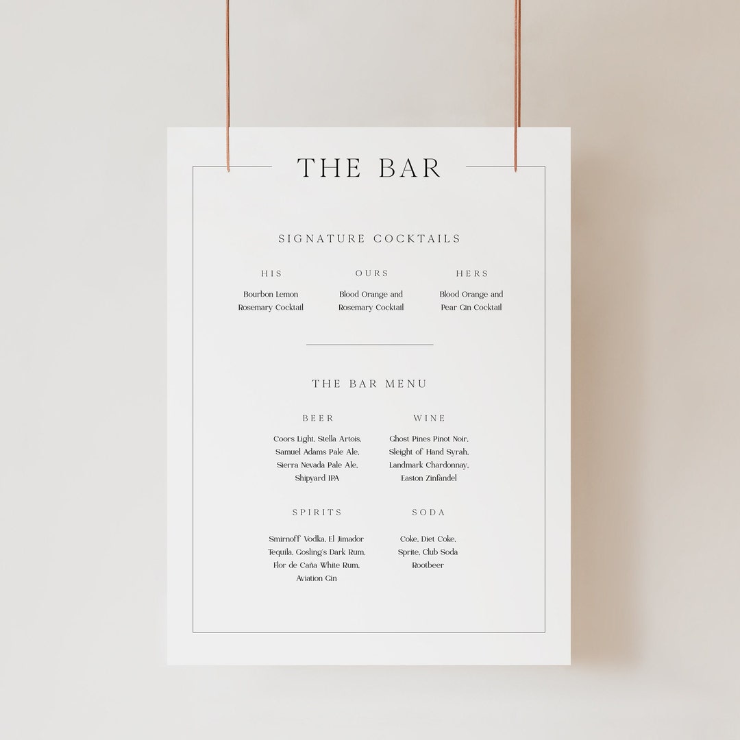Minimalist Bar Sign Template, Modern Editable Elegant Wedding Bar ...