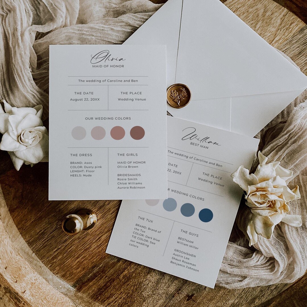 Wedding Info Card Template for Bridesmaids and Groomsmen, Printable ...