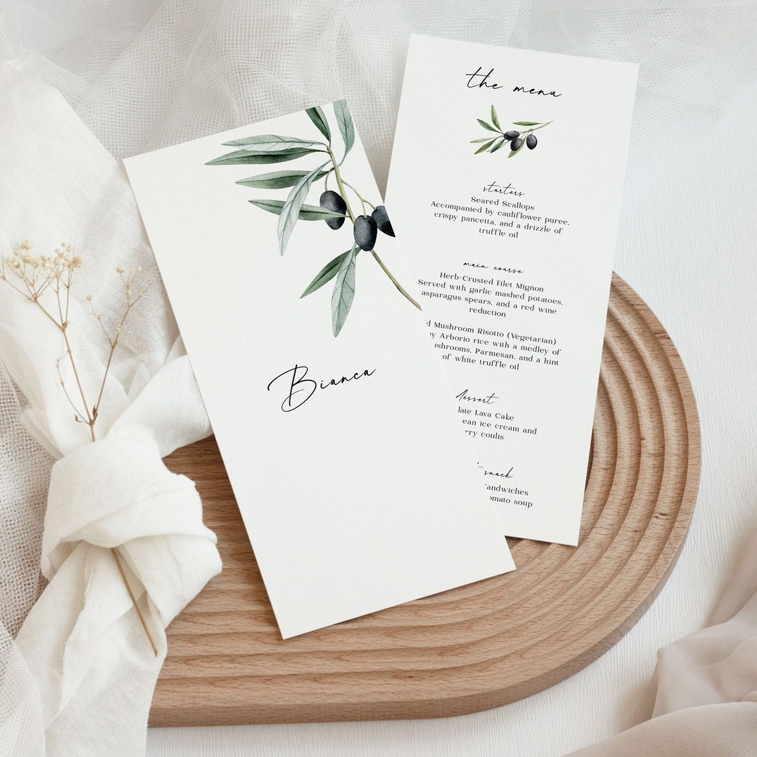 Olive Branch Wedding Menu Card With Guest Name Template, Elegant Modern ...