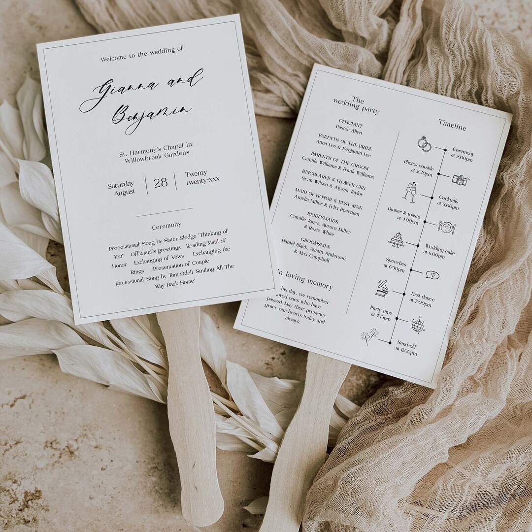 Printable Wedding Program Fan Template, Minimalist Elegant Order of ...
