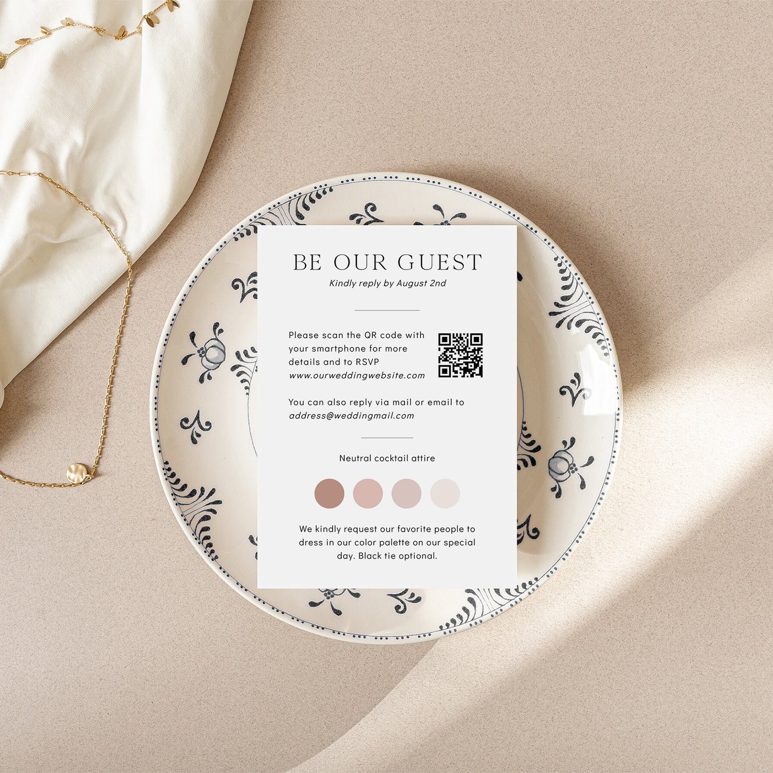 Printable RSVP + Wedding Attire Card Template With QR Code, Guest Dress ...