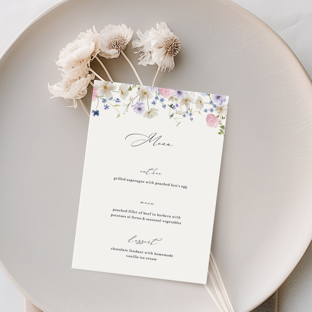 Floral Dinner Menu Template in Light Blue, Blue Wildflower Wedding Menu ...