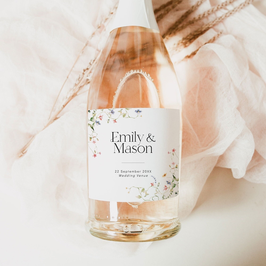 Modèle d'étiquette de bouteille de vin de mariage floral, autocollant d ...