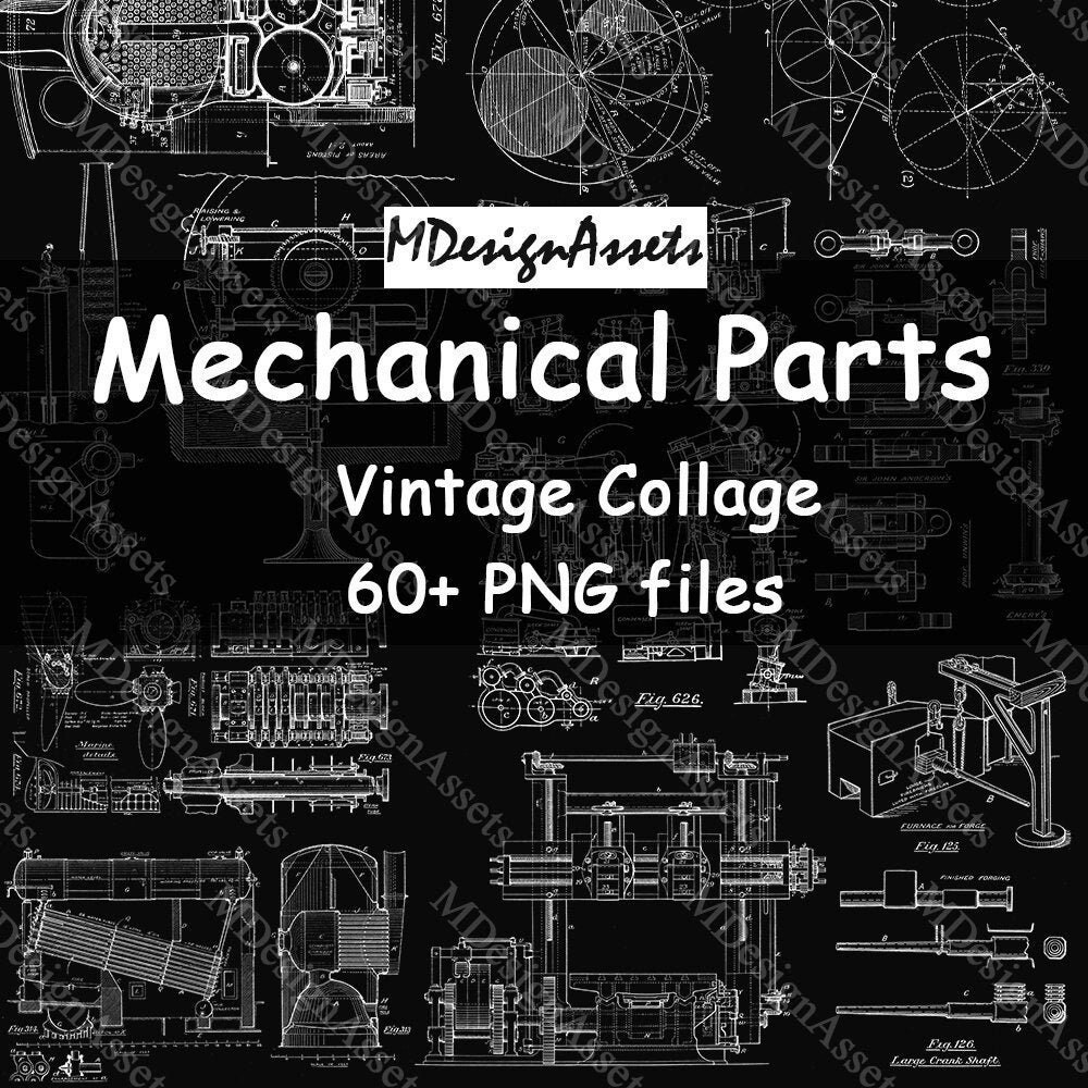 Vintage Mechanical Parts Drawings, Art Collage Assets, PNG Files Free ...
