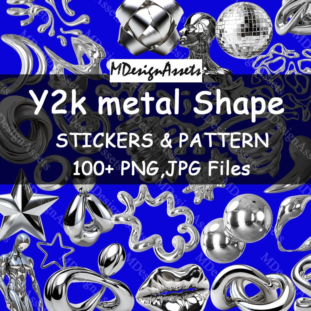 Y2k Metal Shape Patterns, Y2k Metal Stickers, Art Collage Assets, 100 ...
