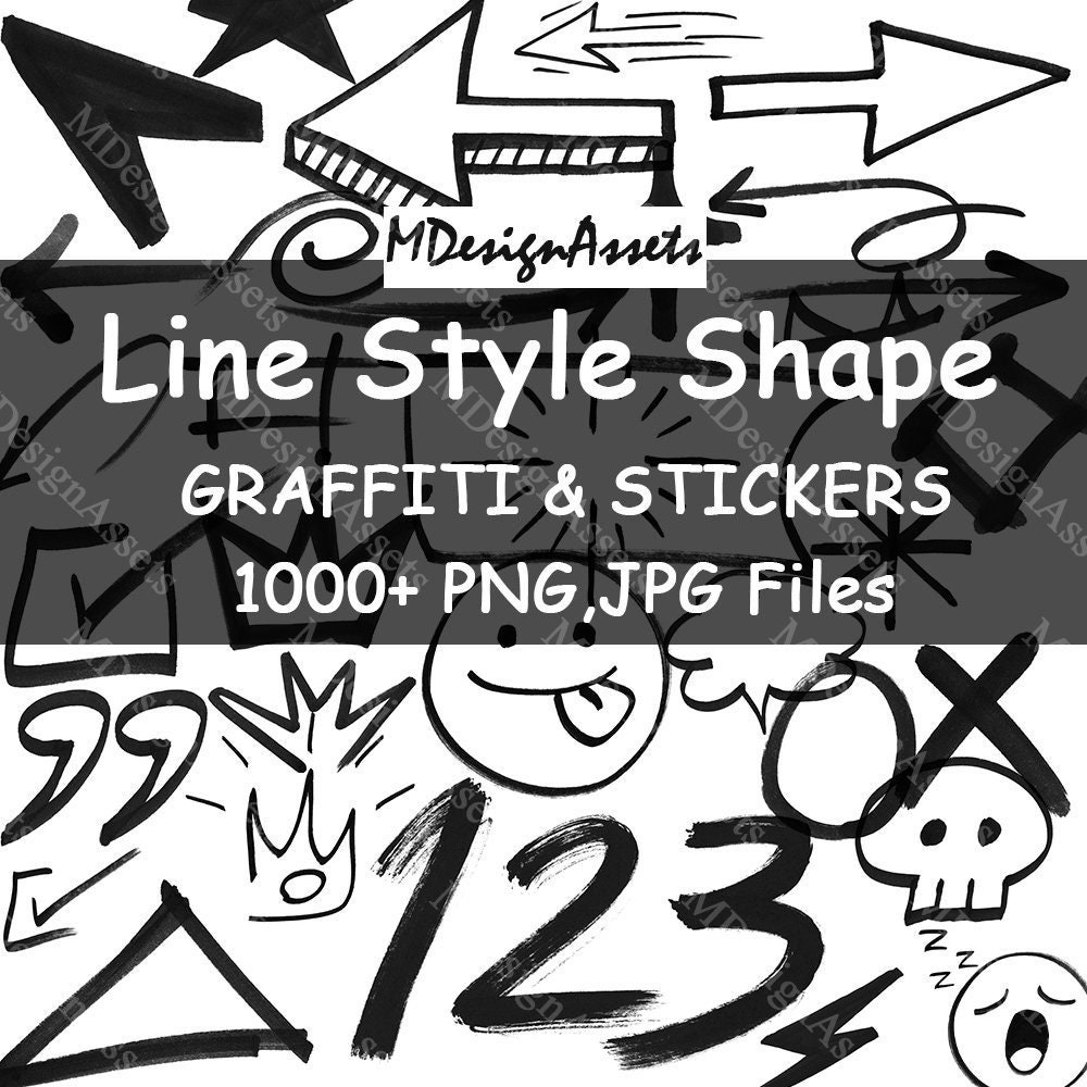 Line Style Shape Graffiti & Stickers, Art Collage Assets, 100+PNG Files ...