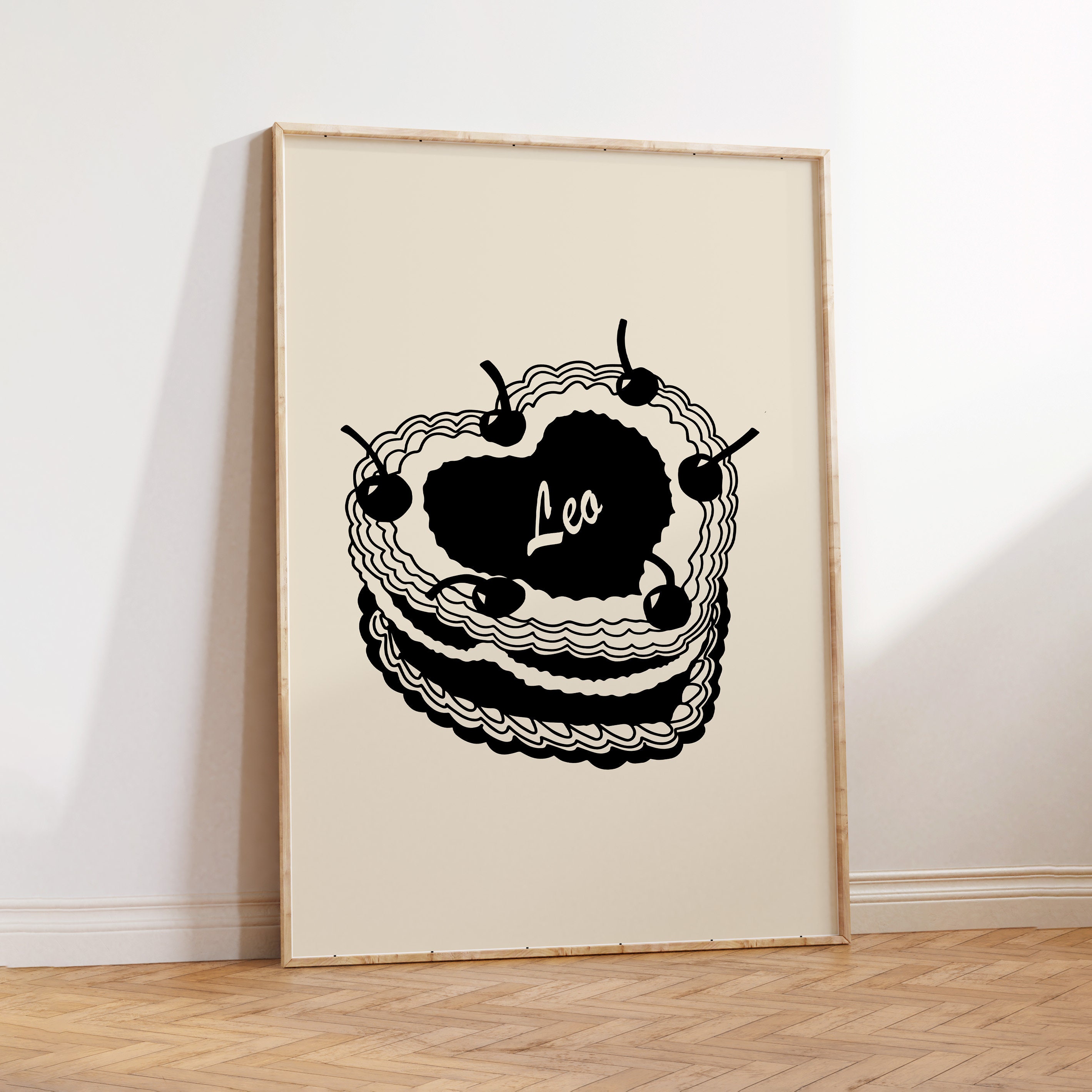 Leo Cake Poster, Retro Cake Aesthetic Art , Minimalistic Black Wall Art ...