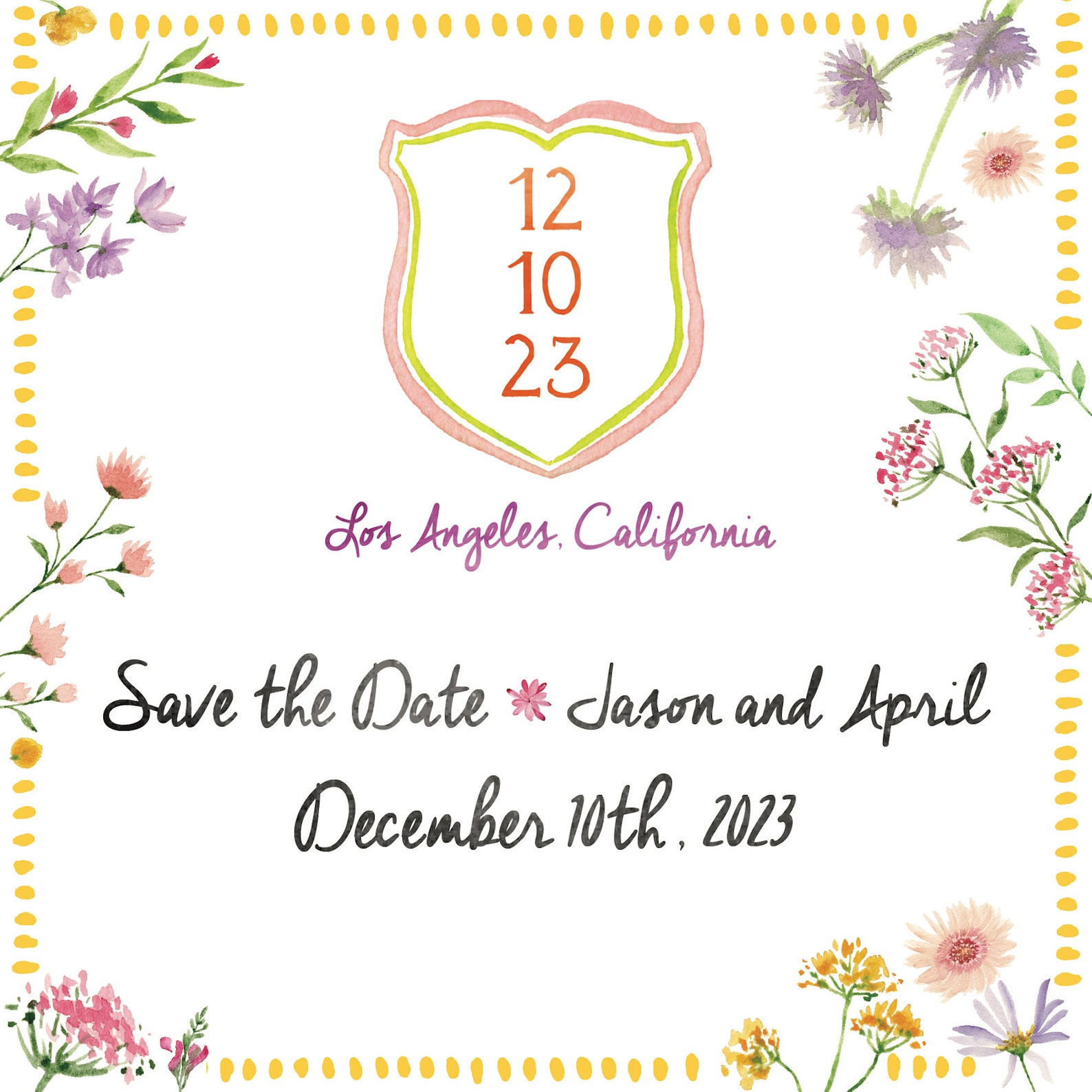 Custom Watercolor Square Save the Date Wildflower Dotted Border With ...
