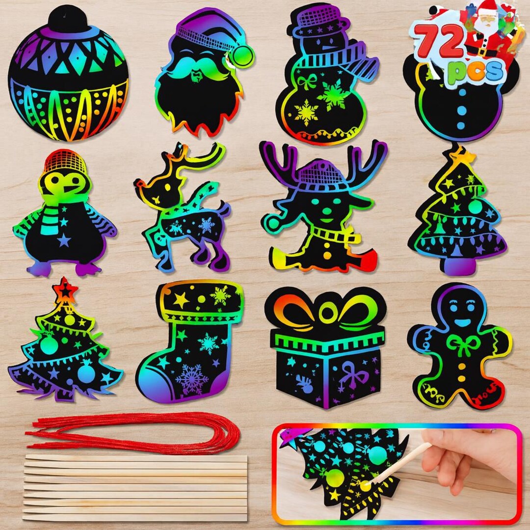 Christmas Scratch Art Ornament Kit, Rainbow DIY Paper Craft Set (72 Pcs ...