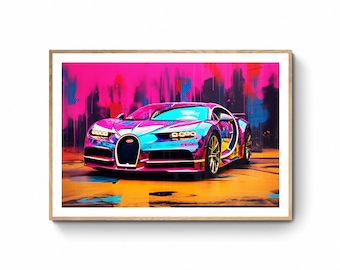 Bugatti Neon Style Digital Download Sports Car Wall Art Home Decor 3 V ...