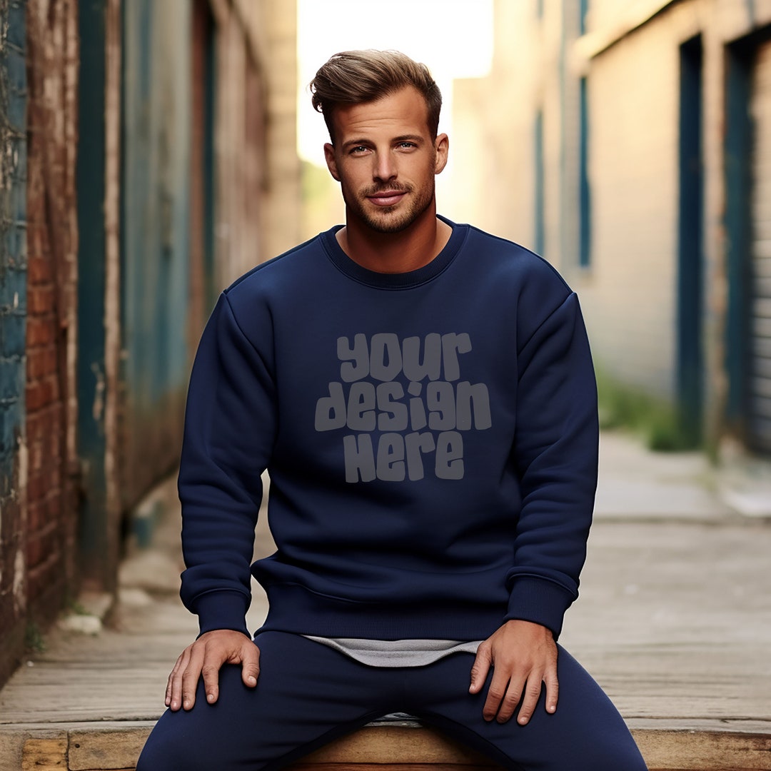 Navy Gildan 18000 Mockup Male Model Sweatshirt Mockup Father's Day ...