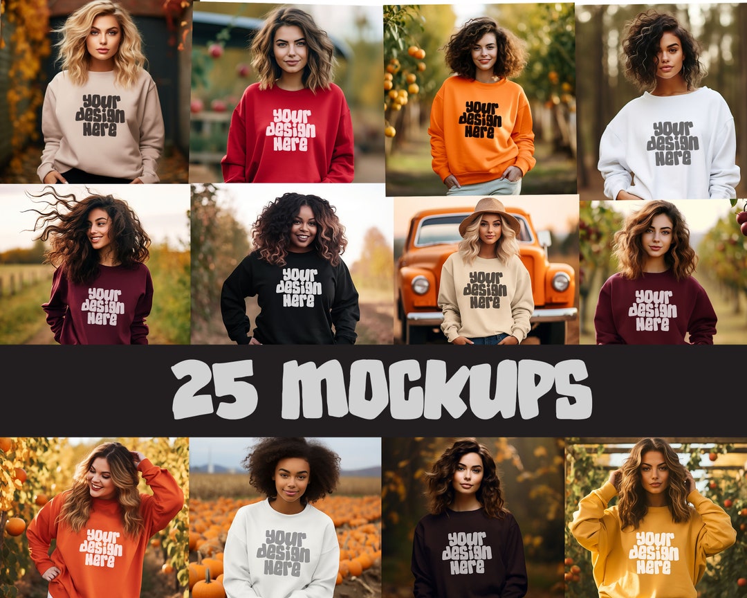 25 X Fall Mockups Orange Gildan 18000 Mockups Diverse Model Sweatshirt ...