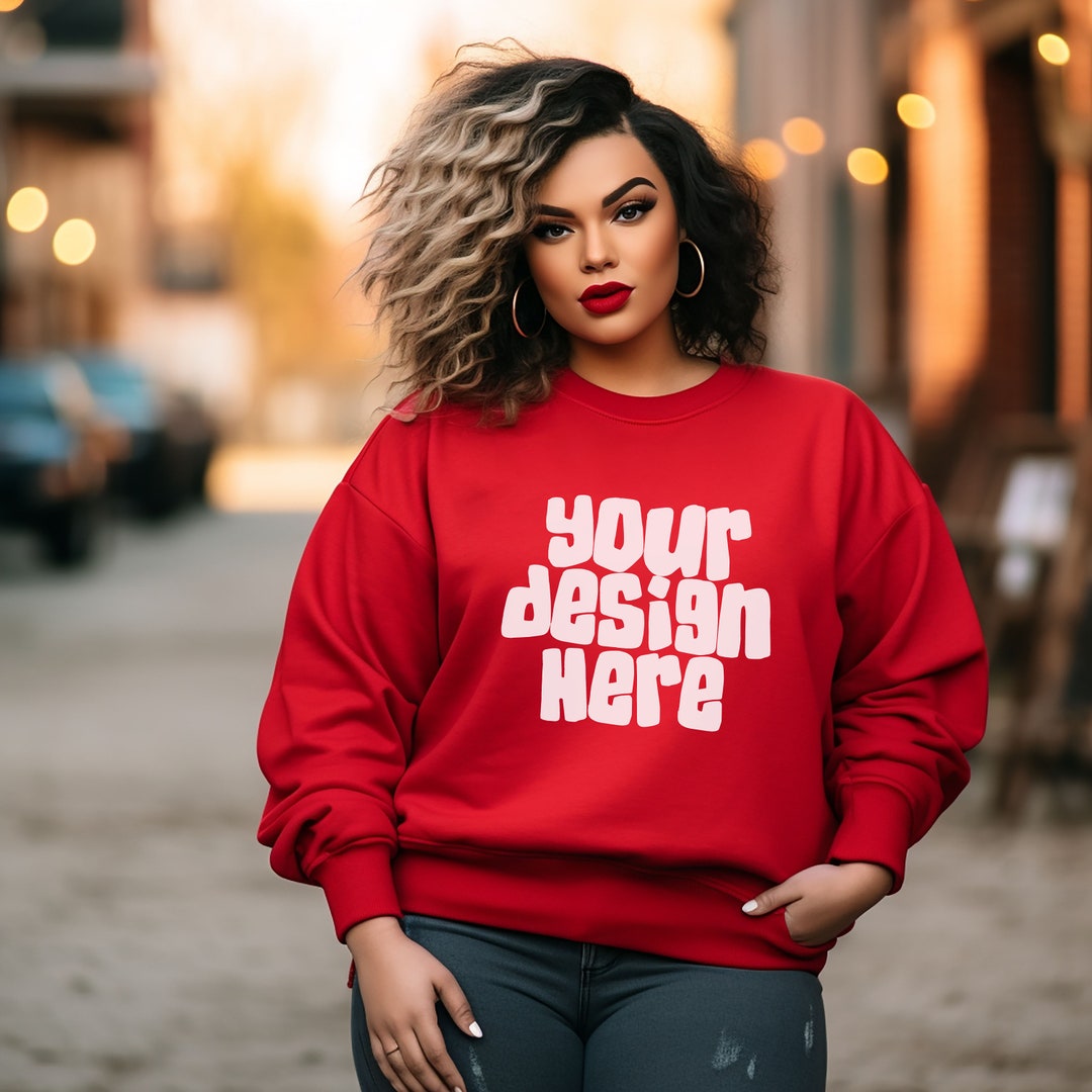 Red Sweater Mockup Red Gildan 18000 Mockups Plus Size Diverse Model ...