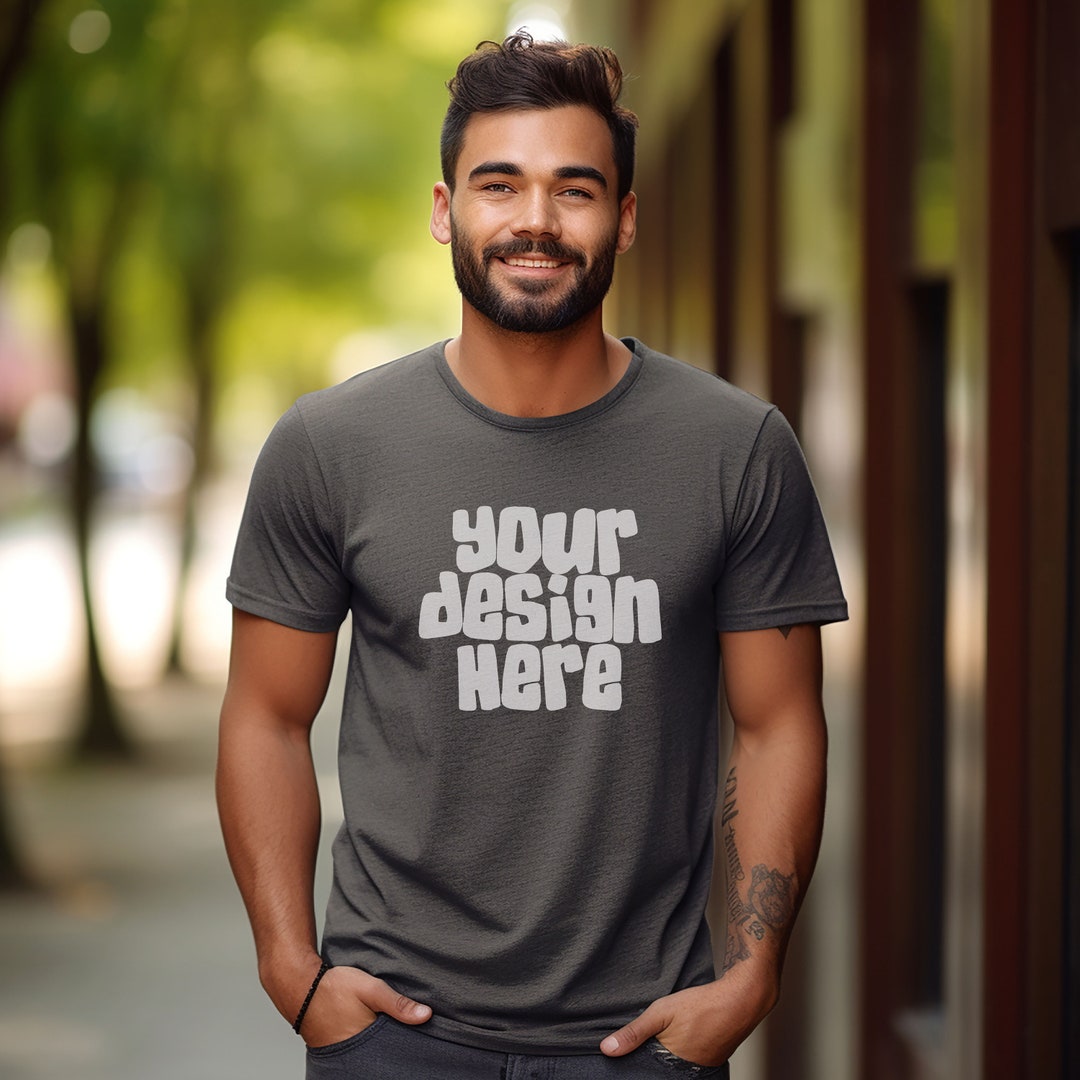 Dark Grey Heather 3001 Tshirt Mockup Male Model Shirt Mockup Father's ...