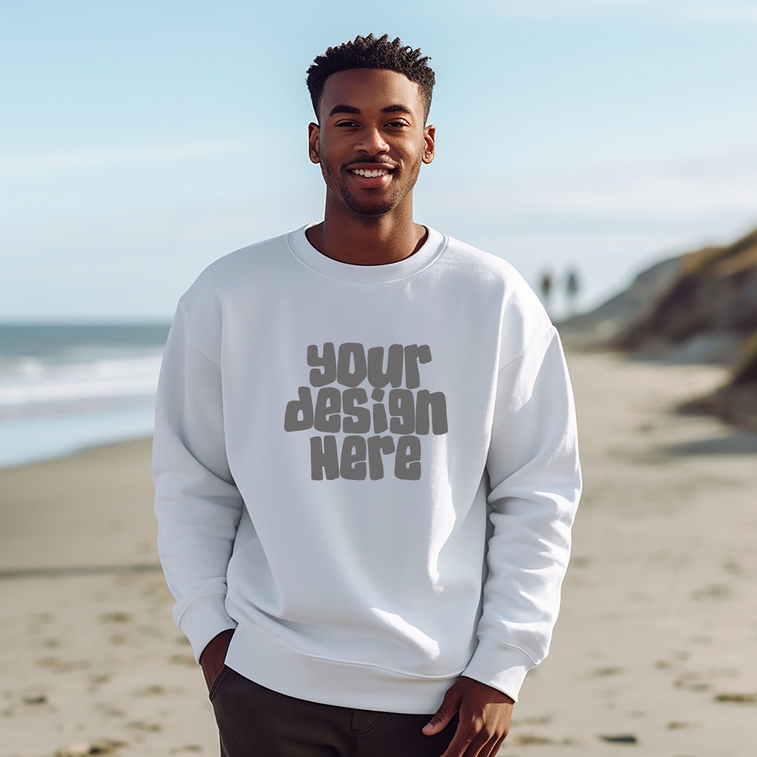 White Gildan 18000 Mockup Male Model Sweatshirt Mockup Diverse Mockup ...