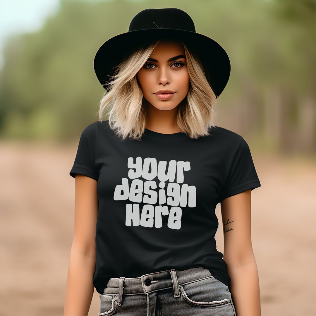 Black Tshirt Mockup Cowgirl Shirt Mockup Bella Canvas 3001 Mockup Model Mockup Tshirt Mockup ...