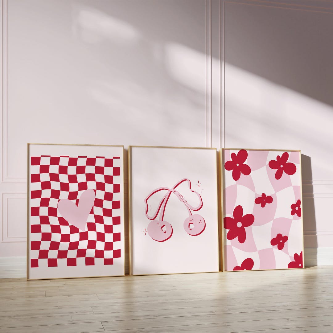 Pink & Red Retro Aesthetic Poster Set of 3 Vintage Wall Art Print Mid ...