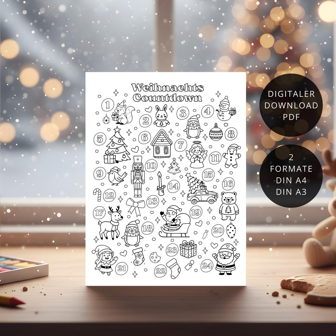 Christmas Countdown Coloring Page | Instant Download PDF DIN A4 DIN A3 ...