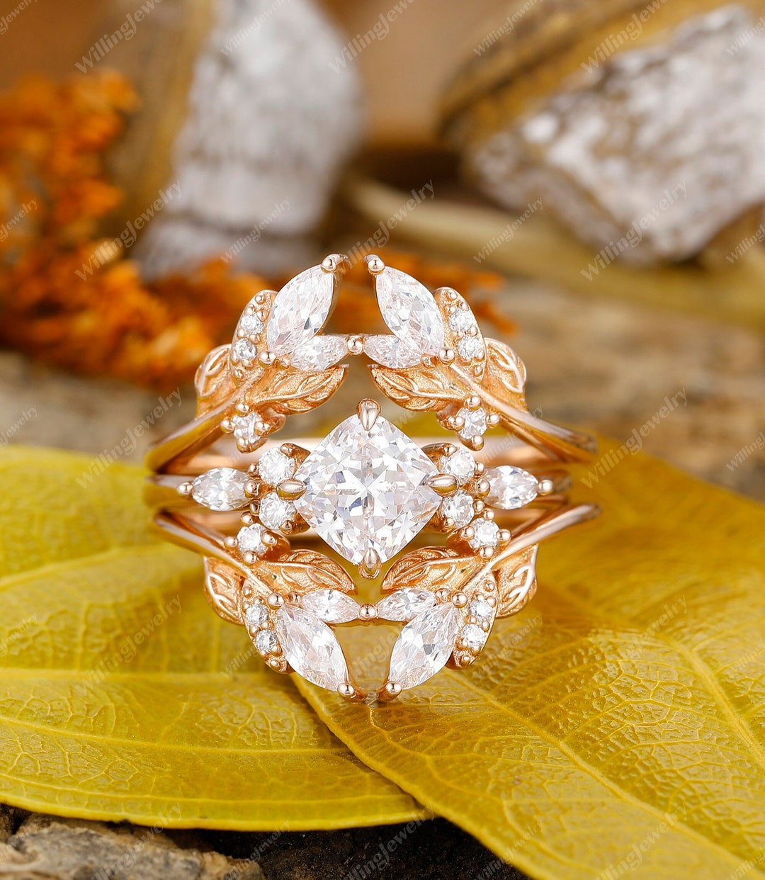 Unique Cushion Cut Moissanite Engagement Ring Set, Dainty Curved ...