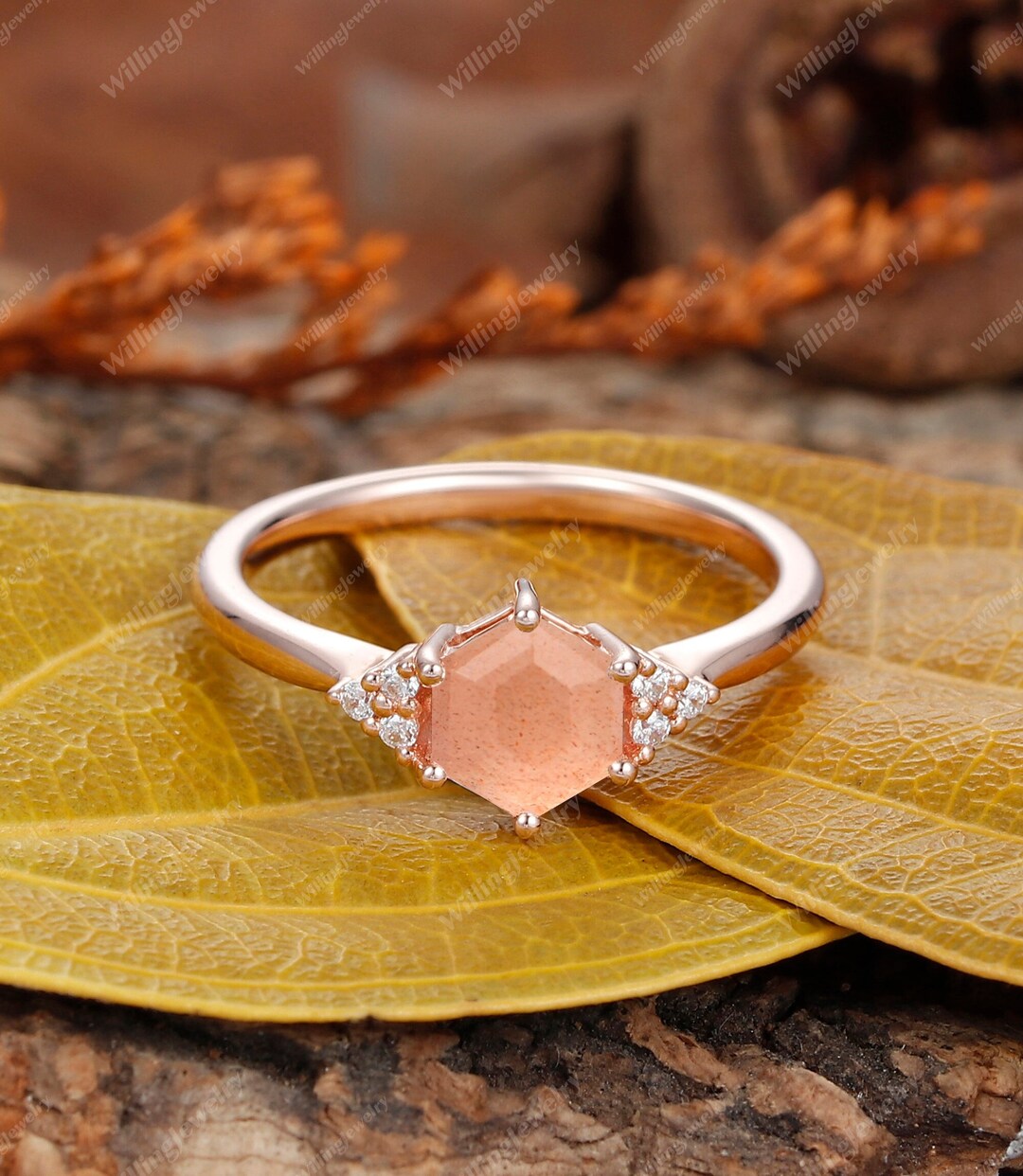 Vintage Sunshine Stone Ring, Dainty Promise Wedding Ring, Hexagon Cut ...
