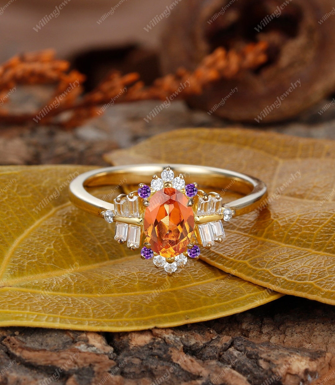 Antique Oval Shape Sunstone Engagement Ring, Round Amethyst Ring ...