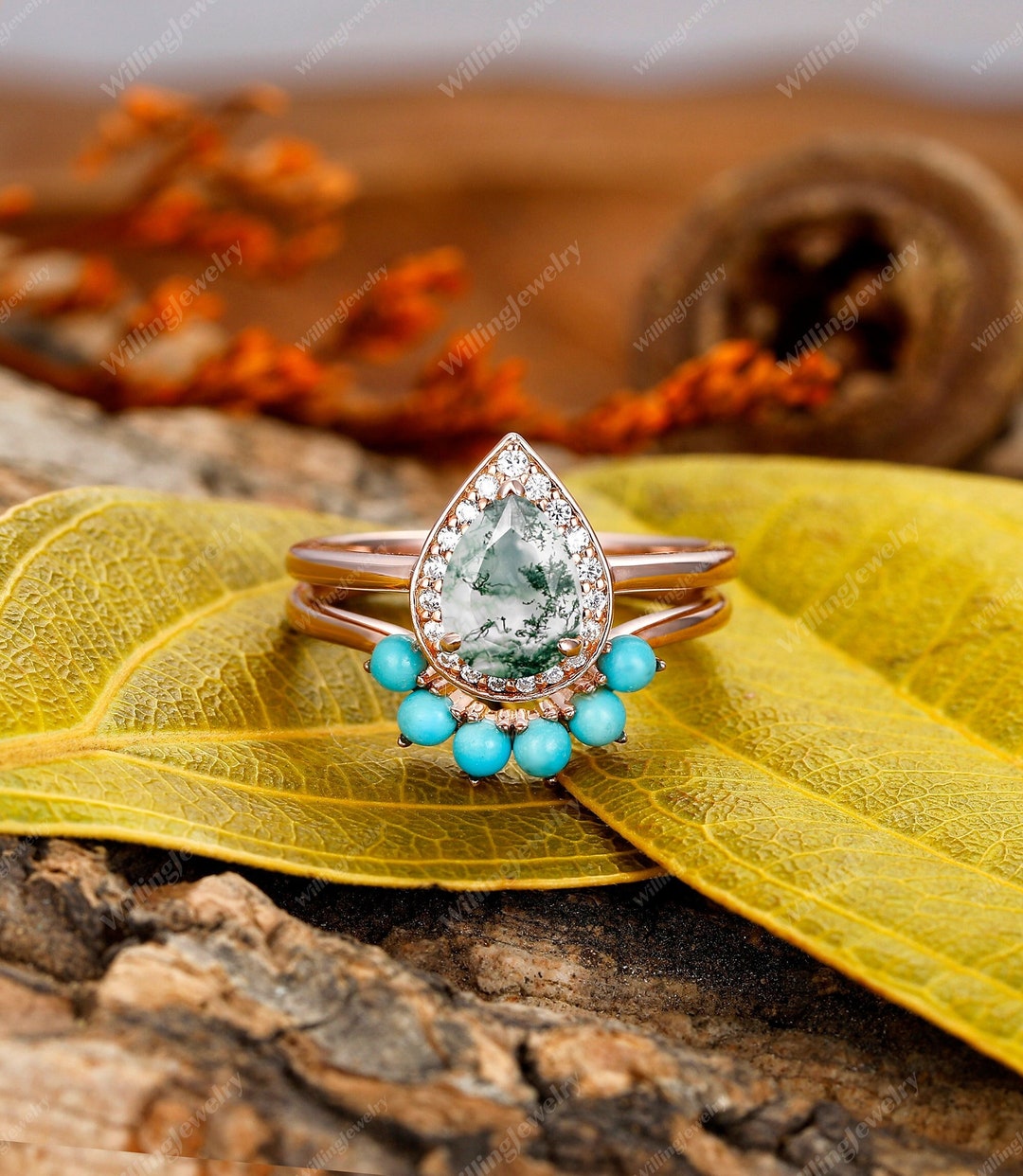 Pear Shaped Moss Agate Engagement Ring Set, Vintage Moss Agate Ring Set, Teardrop Green Moss ...