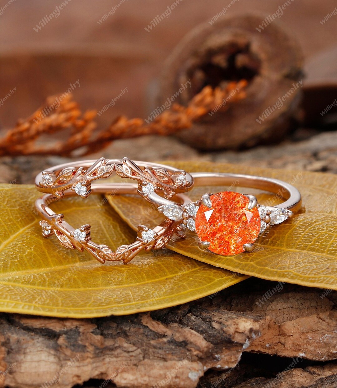 Nature Inspired Sunstone Wedding Ring Set, Round Orange Gemstone Ring, Sunstone Ring Enhancer ...