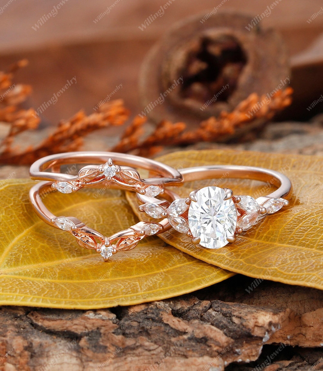 Nature Engagement Ring Set Oval Moissanite Ring Delicate - Etsy