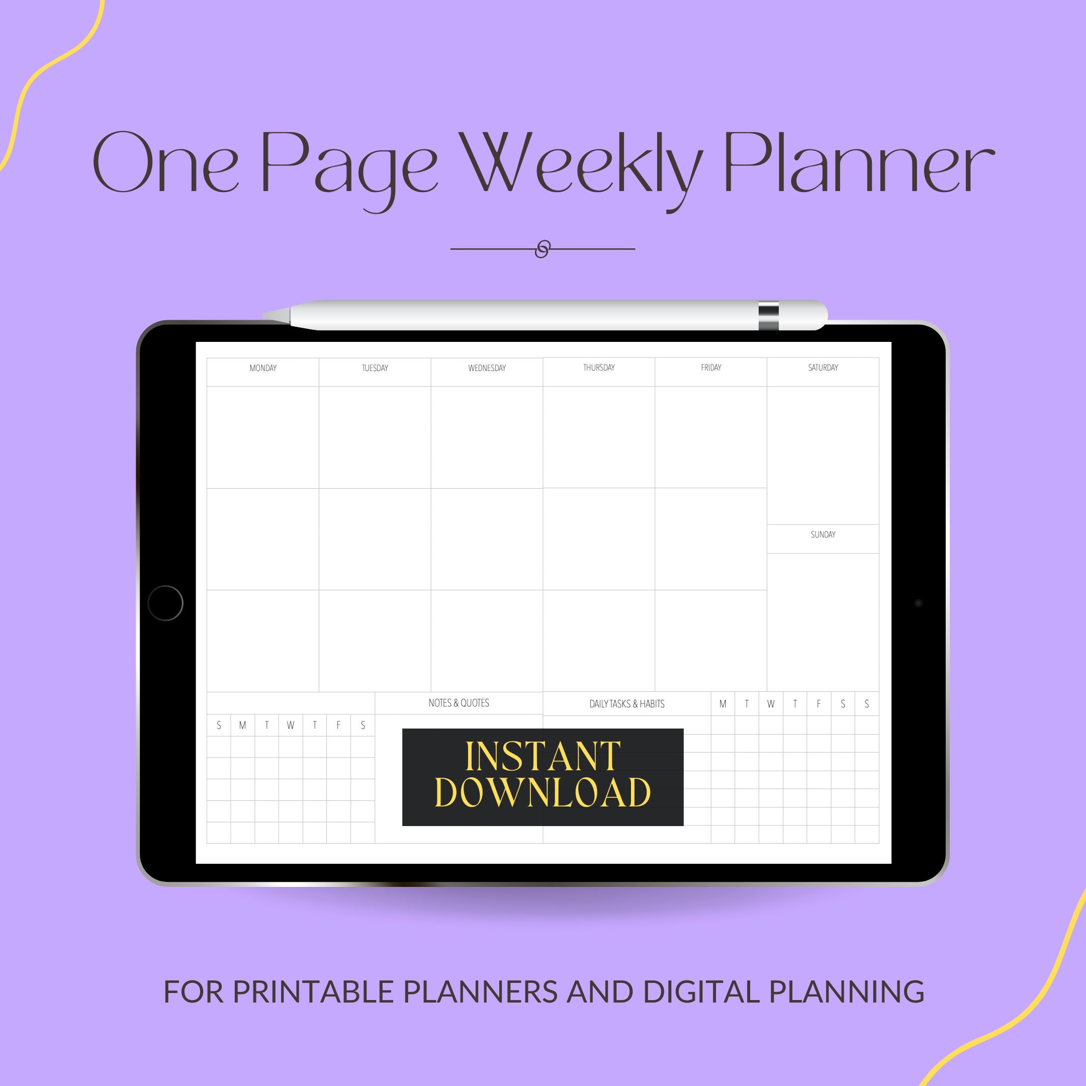 Weekly One Page Planner PDF Digital Planner Printable Planner - Etsy