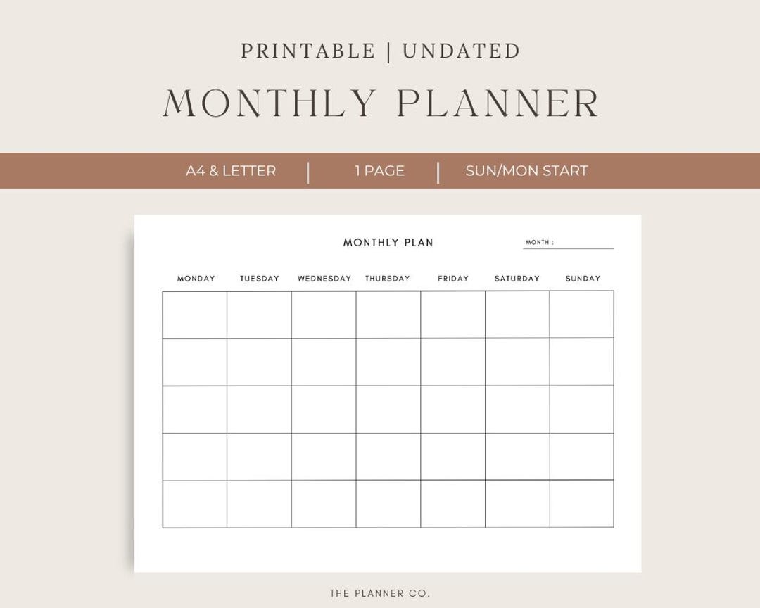 Blank Monthly Planner, Undated Monthly Planner, Monday & Sunday Start ...