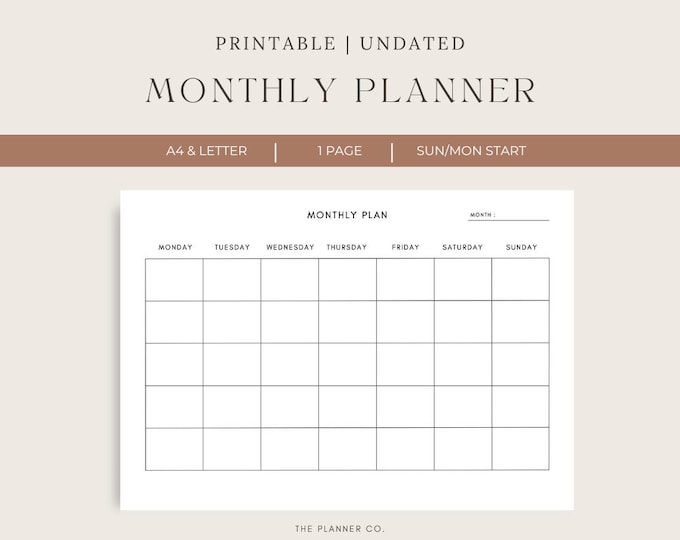 Undated Monthly Planner Printable Landscape, Monday & Sunday Start, Ink ...
