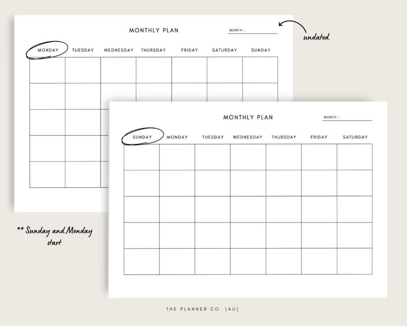 Blank Monthly Planner, Undated Monthly Planner, Monday & Sunday Start ...
