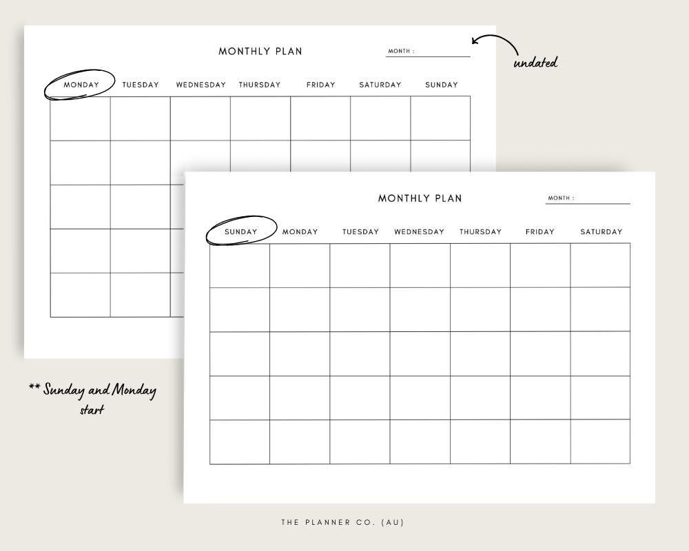 Blank Monthly Planner, Undated Monthly Planner, Monday & Sunday Start ...