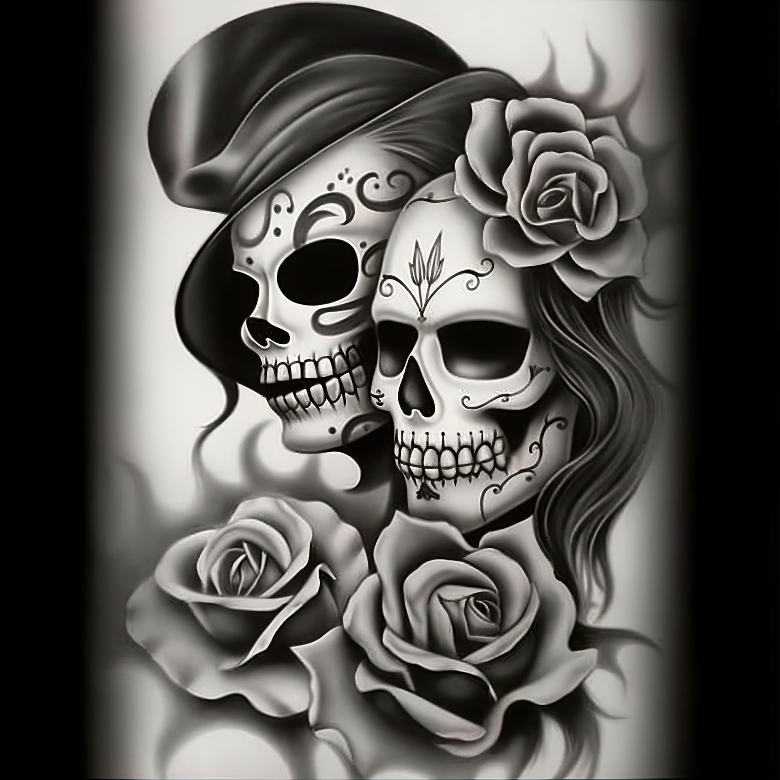 Day of the Dead Skull Couple Art | Chicano Style Jpgs (digital Download ...