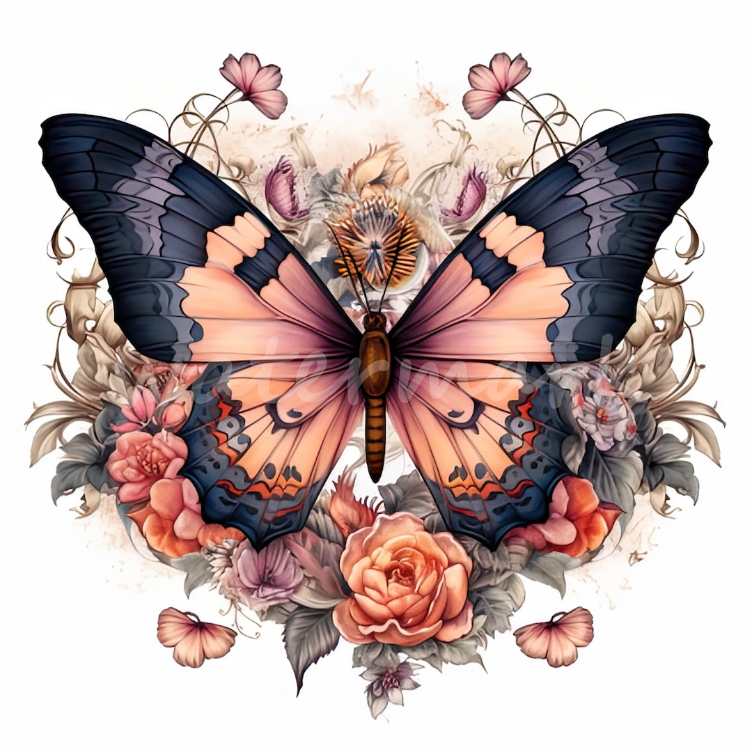 Butterfly With Flowers PNG Clipart, Butterfly PNG Junk Journals 300 DPI ...
