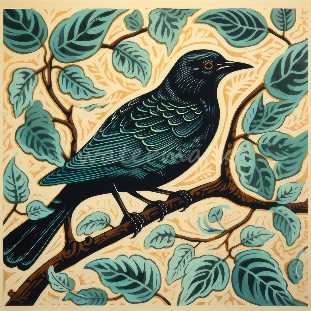 Linocut Floral Blackbirds Clipart, 12 High Quality Jpgs, Bird Flowers ...