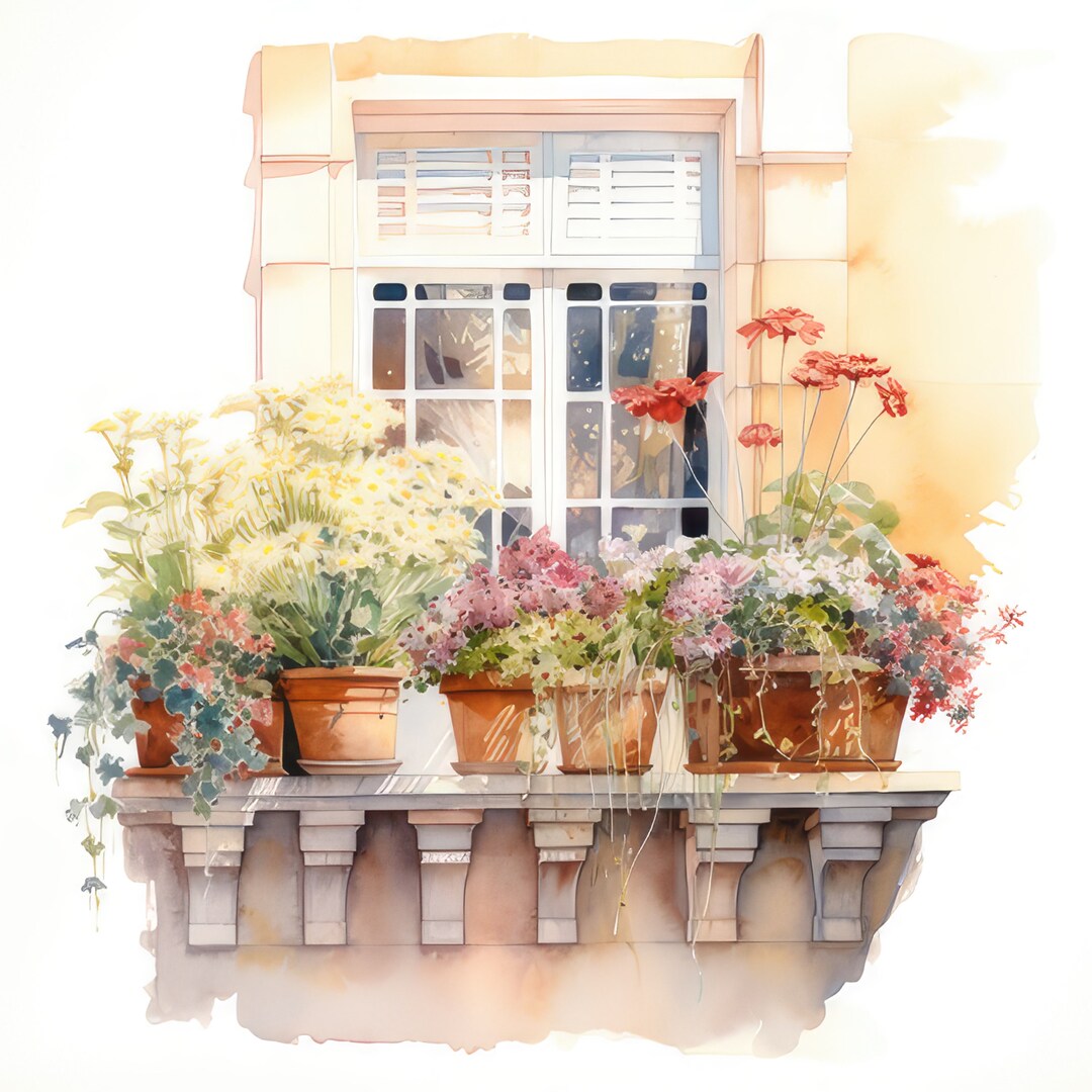 15 Watercolor Floral Window Clipart Jpgs, Window Box Clipart, Printable Floral Window Art Print ...