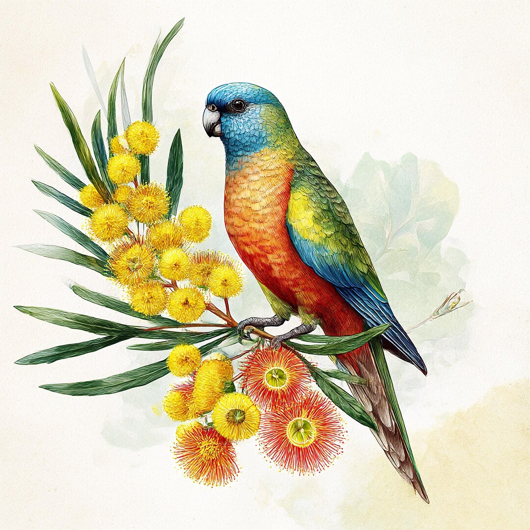 Scarlet Chested Parrot Watercolor Clipart - 12 High-res Jpgs, Floral ...
