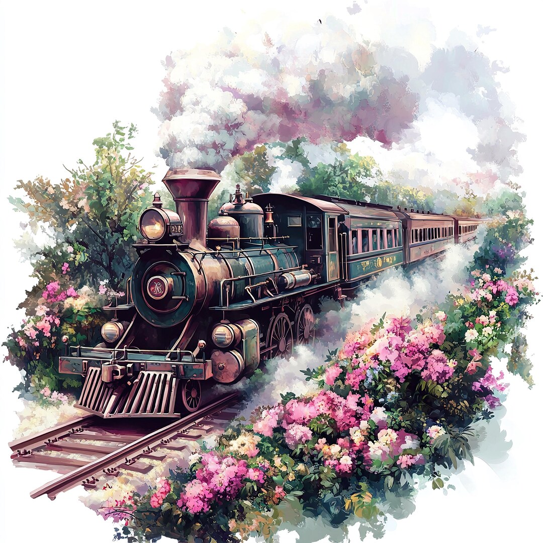 Watercolor Floral Steam Train Clipart: Vintage Locomotive Art (digital ...