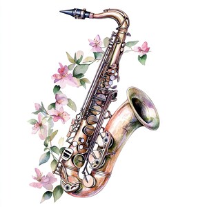 16 Watercolor Saxophone With Flowers Clipart Set – 16 High-resolution ...