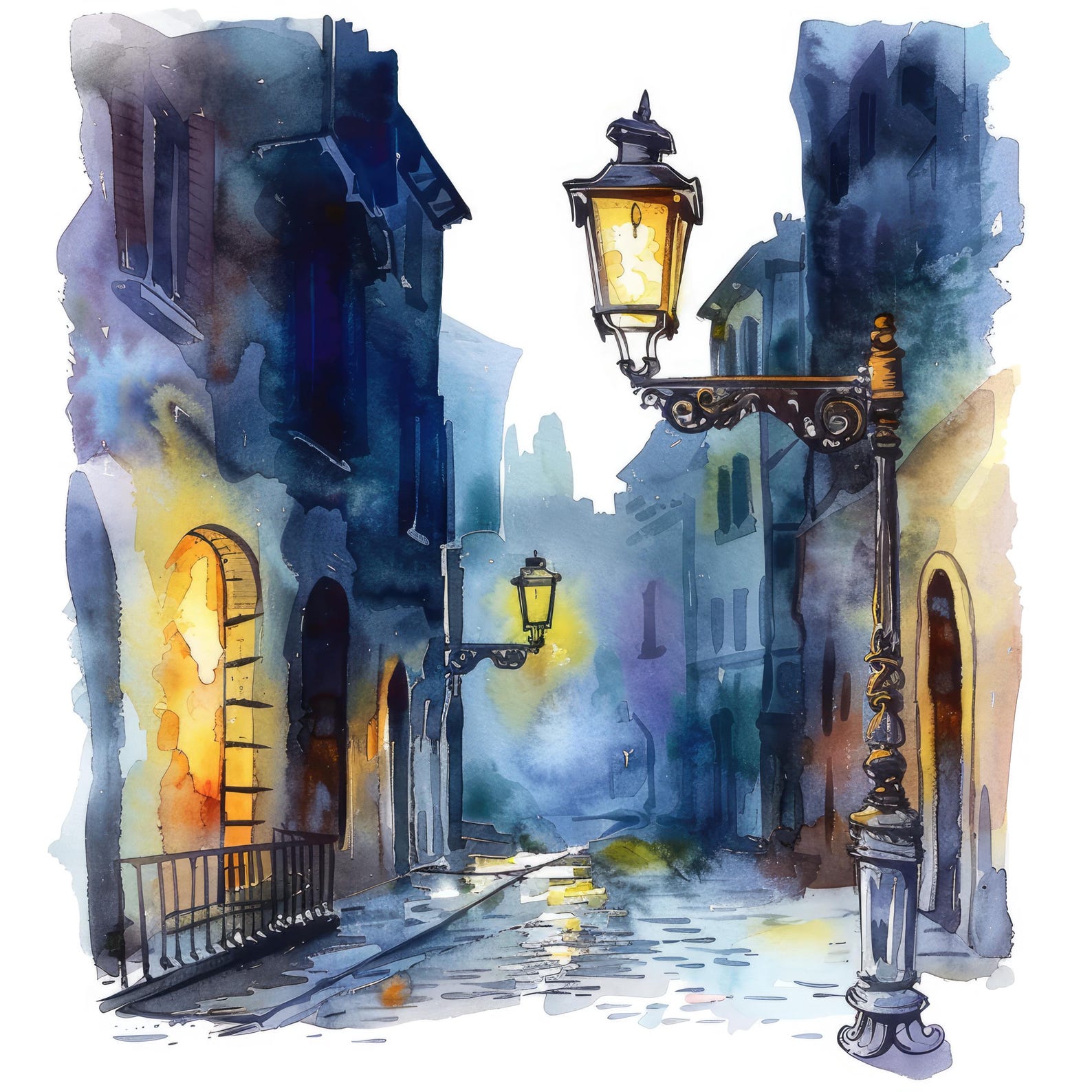 Watercolor European City Nightscape Clipart: Lantern Lit Streets ...