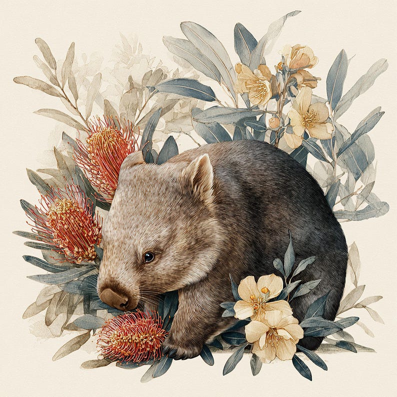 Wombat Watercolor Clipart: Australian Art, Bottlebrush & Banksia ...