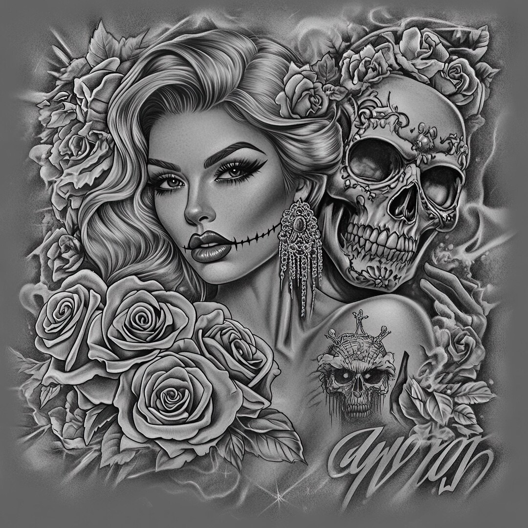Attractive Woman Skull Chicano Art Clipart, 15 High Quality Jpgs ...