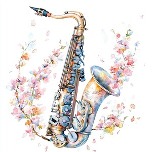 16 Watercolor Saxophone With Flowers Clipart Set – 16 High-resolution ...