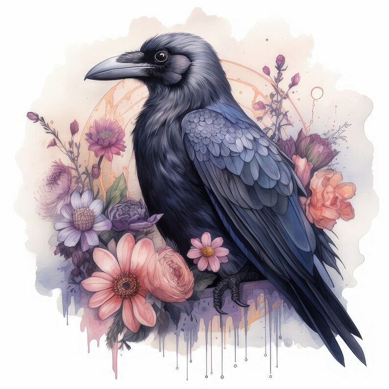 Raven With Flowers Clipart 12 High Quality Images 300 DPI - Etsy