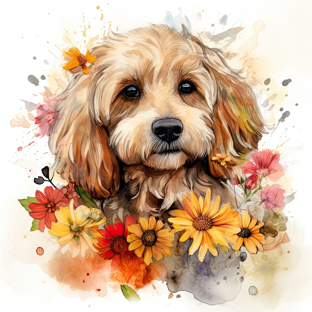 Cockapoo Dog With Flowers PNG Clipart, Dog Flowers Illustration, Floral ...