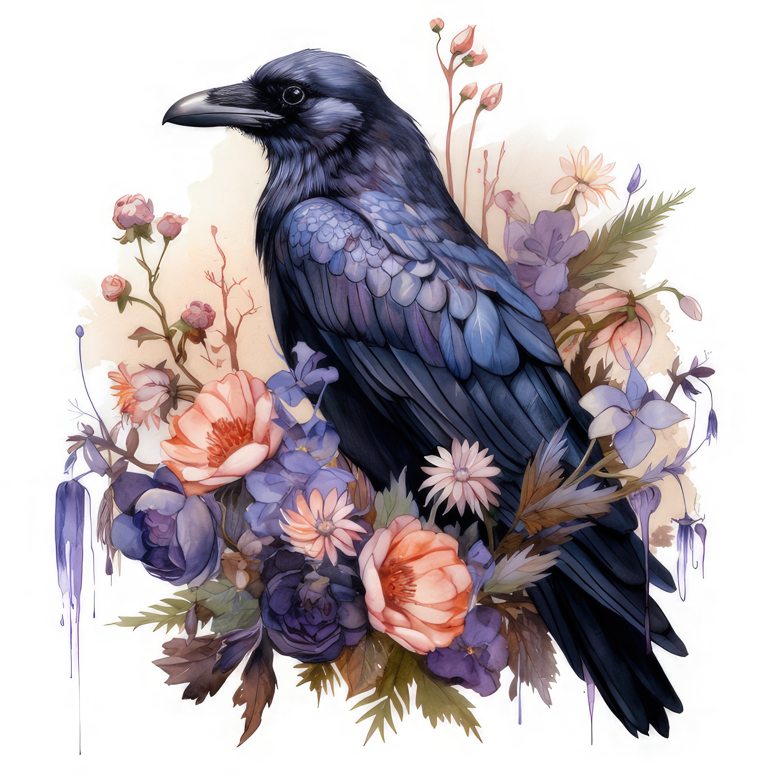 Raven With Flowers Clipart 12 High Quality Images 300 DPI - Etsy
